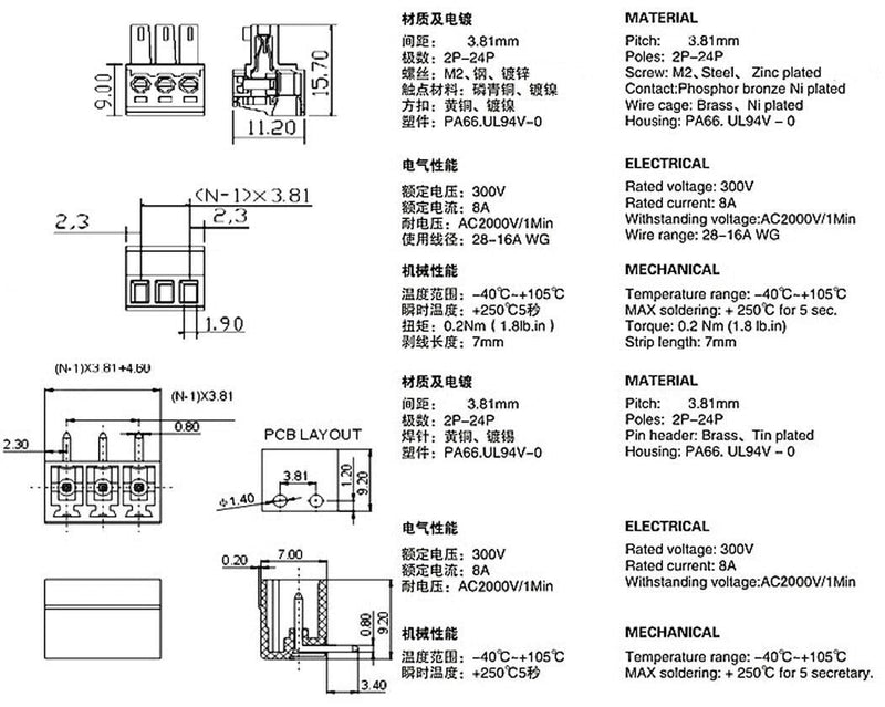 DBParts 10 Sets 10-Pin (10 Pole) 3.81mm Pitch Straight Plug-in Screw Pluggable Terminal Block ...