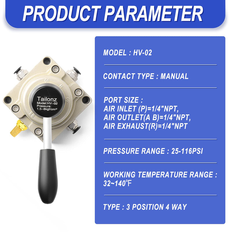 TAILONZ PNEUMATIC Rotary Lever Hand Valve HV-02 1/4”NPT Air Flow Control 3 Position 4 Way 1/4 ...