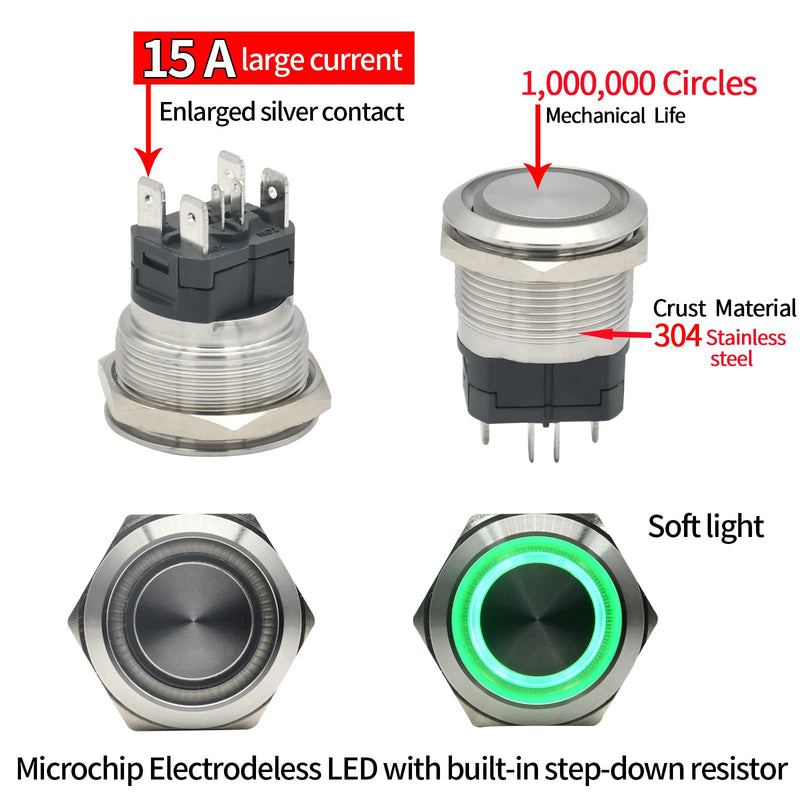 22mm Push Button Switch 15A 24V Latching Momentary 2NO DPST Angel Eye LED Stainless Steel Round ...