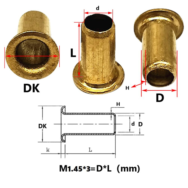 1000pcs Copper Hollow Rivet M1.45(D)*3.0(L) Metal Elements Rivet Double ...