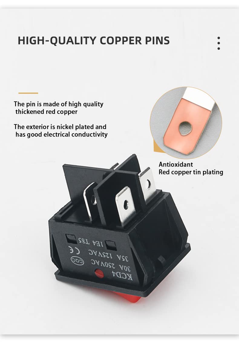30A 250VAC/35A 125VAC KCD2 KCD4 Rocker Switch DPST 4 Pin Red Lighted ...