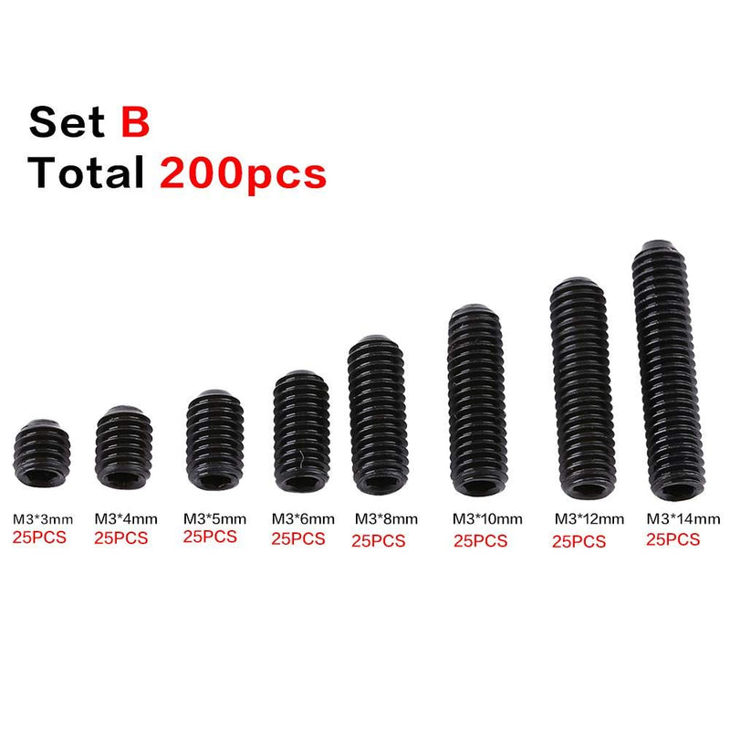 200pcs M3 Black Hex Socket Head Screw Steel Socket Cup Point Grub Set ...