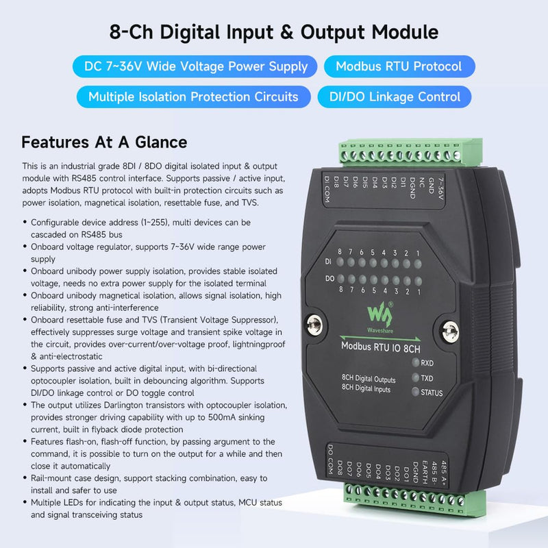 Waveshare Industrial 8-Ch Digital Input & Output Module, DC 7~36V Wide ...