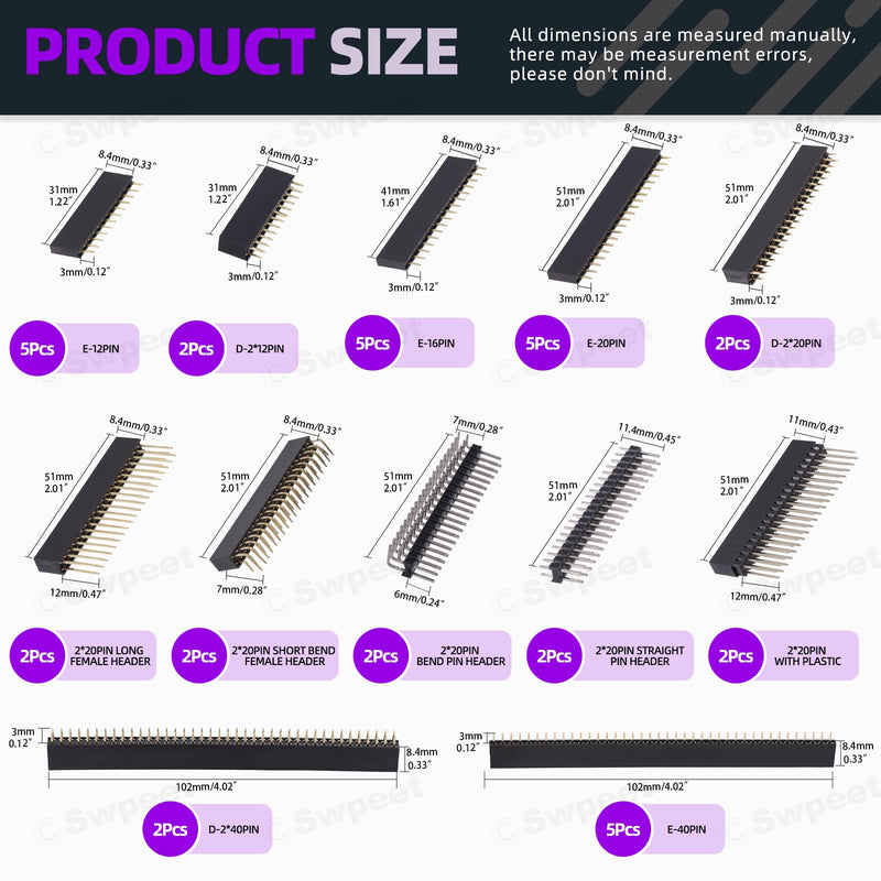 Swpeet 147Pcs 5 Types 2.54mm Female Pin Header Socket Connector Strip ...