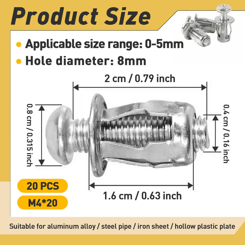 20Pcs M4 x 20 Hollow Door Anchor Set, Hollow Metal Cavity Fixing Hollow ...