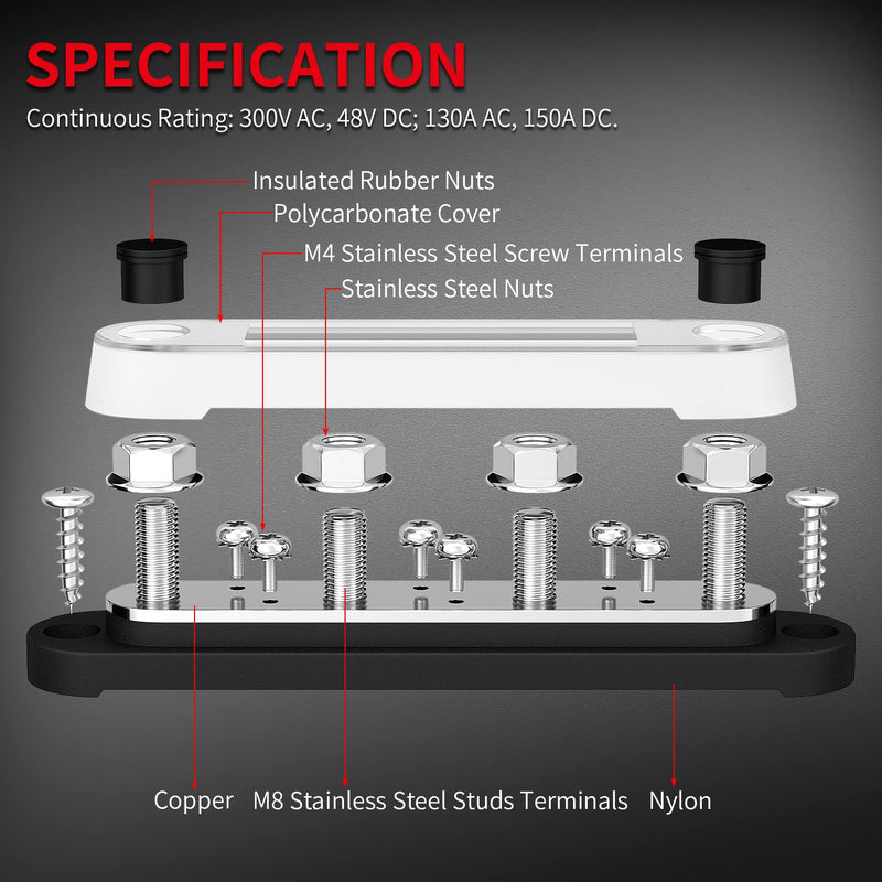 DAIERTEK Negative Bus Bar 12V Marine 4 x 5/16" (M8) Terminal Studs 6 x ...