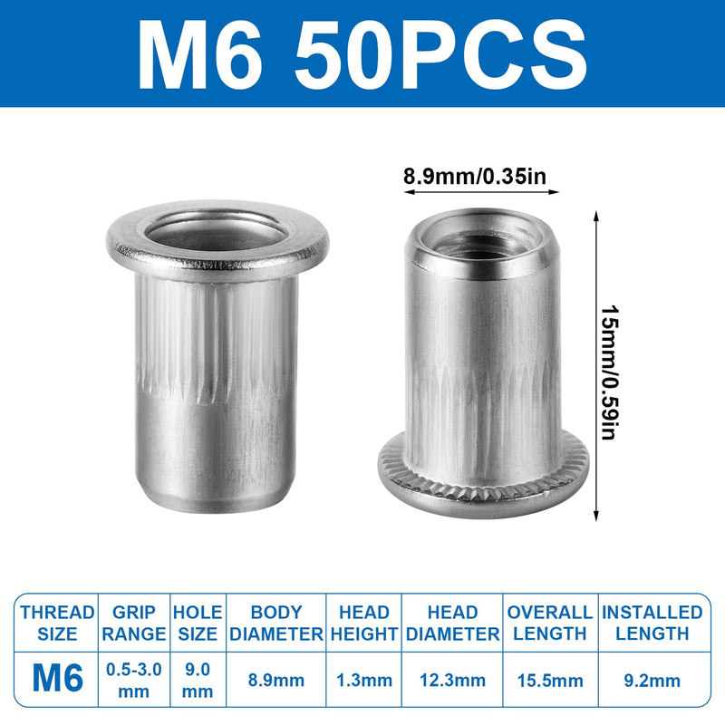 50pcs M6 Rivet Nuts, Stainless Steel Threaded Insert Nut Rivnuts ...