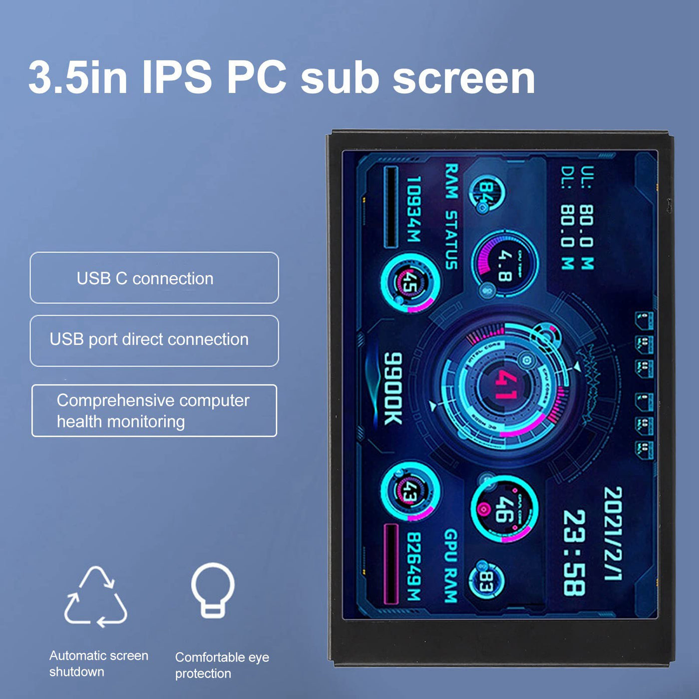 3.5in Computer Temp Monitor, Full View Temperature Display, USB Mini Screen for AIDA64 PC CPU ...