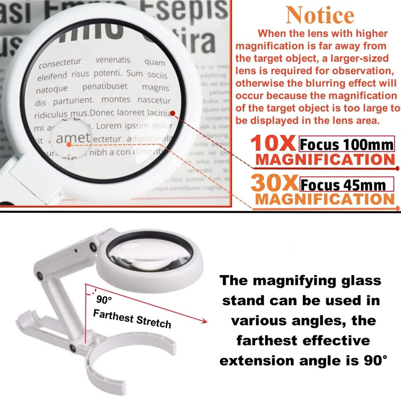 30X 10X Magnifying Glass with Light and Stand, Foldable Handheld ...