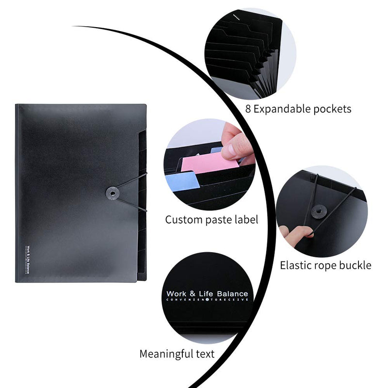Uquelic 8 Pockets Expanding File Folder - Plastic Black Accordion ...
