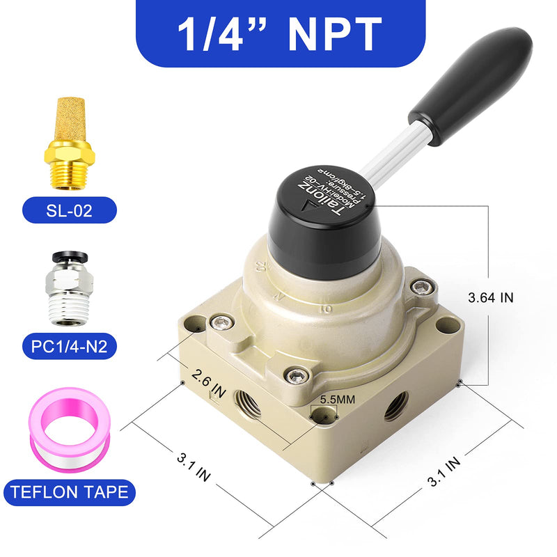 TAILONZ PNEUMATIC Rotary Lever Hand Valve HV-02 1/4”NPT Air Flow Control 3 Position 4 Way 1/4 ...