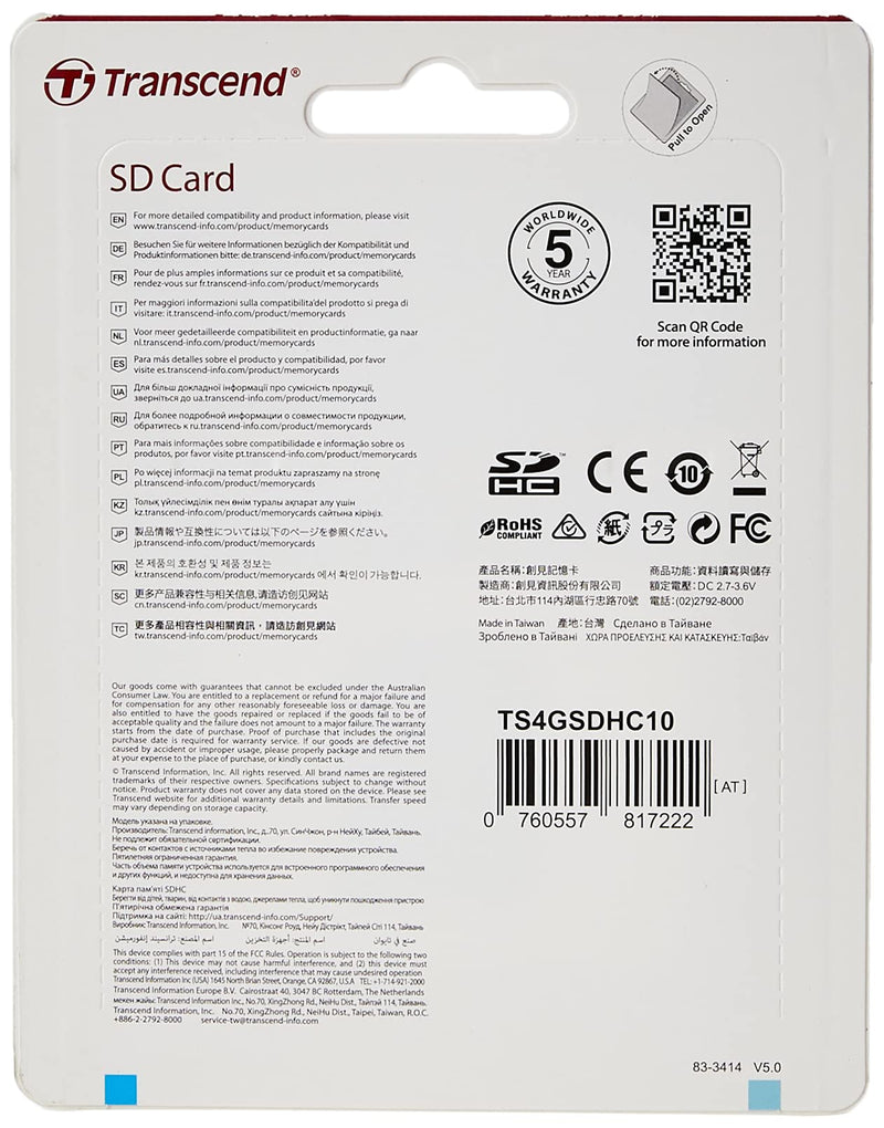 Transcend 4GB Class 10 SDHC Card (TS4GSDHC10) Standard Packaging | AusPower Australia
