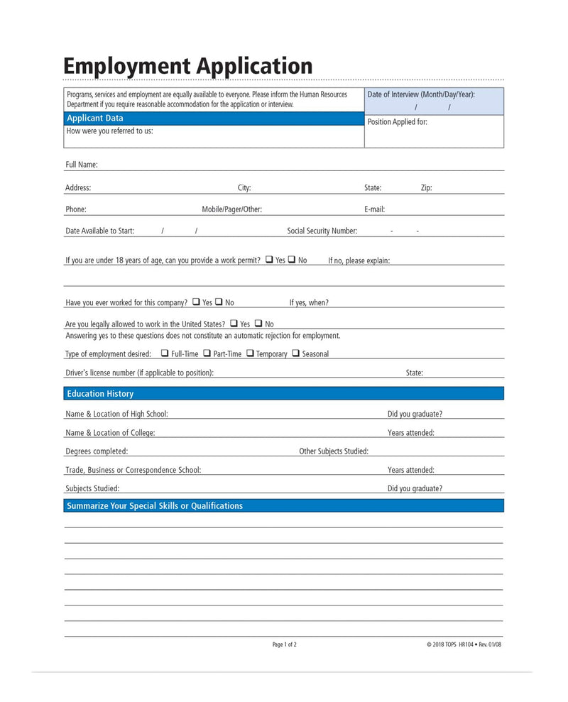 Adams Application for Employment, Forms and Instructions, 50 Forms per ...