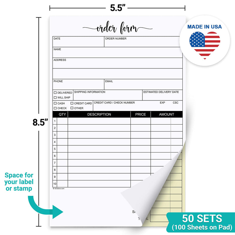 321 Done Order Form Pad, 5.5x8.5 Portrait 2-Part Carbonless, Made in ...