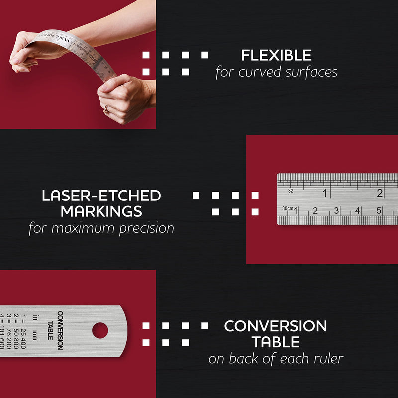 Breman Precision 3 Pack Metal Ruler Set - 1 6 Inch Ruler & 2 12 Inch ...