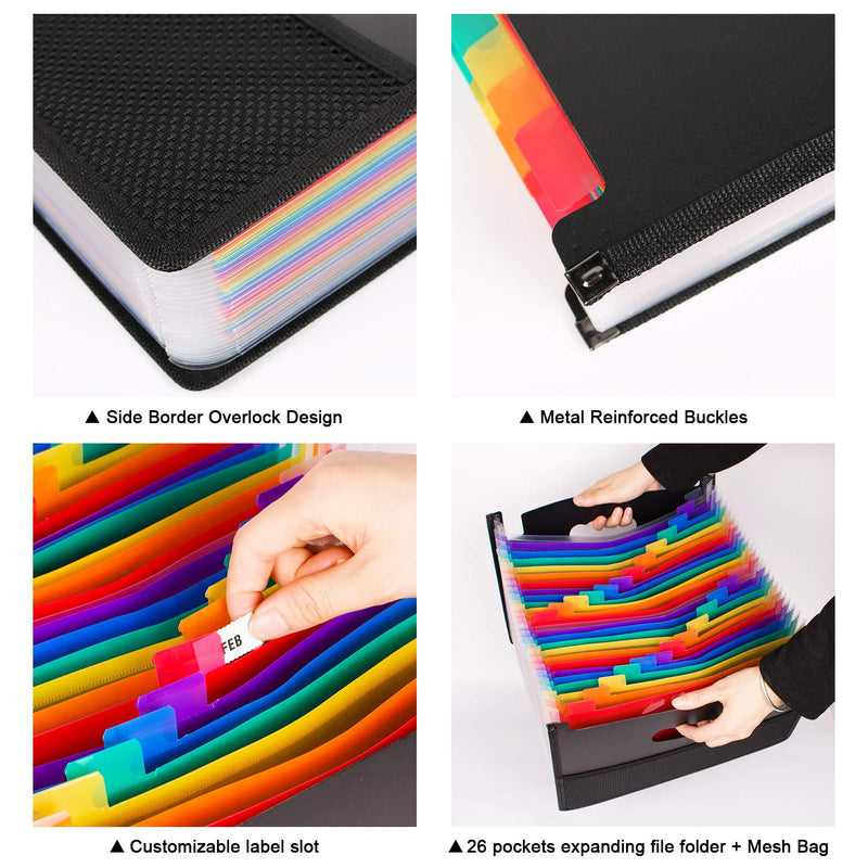 26 Pockets Accordian File Organizer Expanding Filing Box With Mesh Bag Accordion File Folders